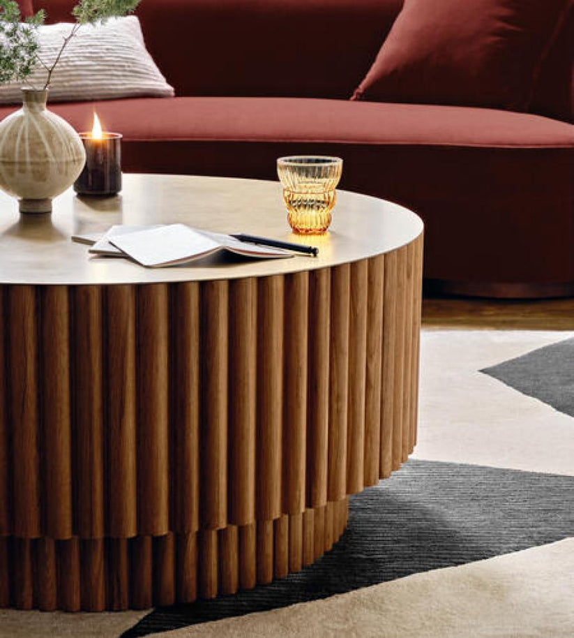 Antiqued Brass Top Reeded Round Oak Wood Coffee Table 37 inch – SLATE ...