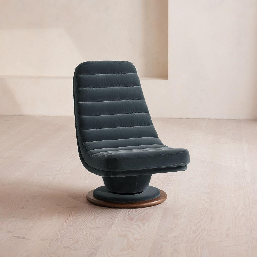 Blue Grey Velvet Channel Tufted Fully Upholstered Armless Pedestal Swi ...
