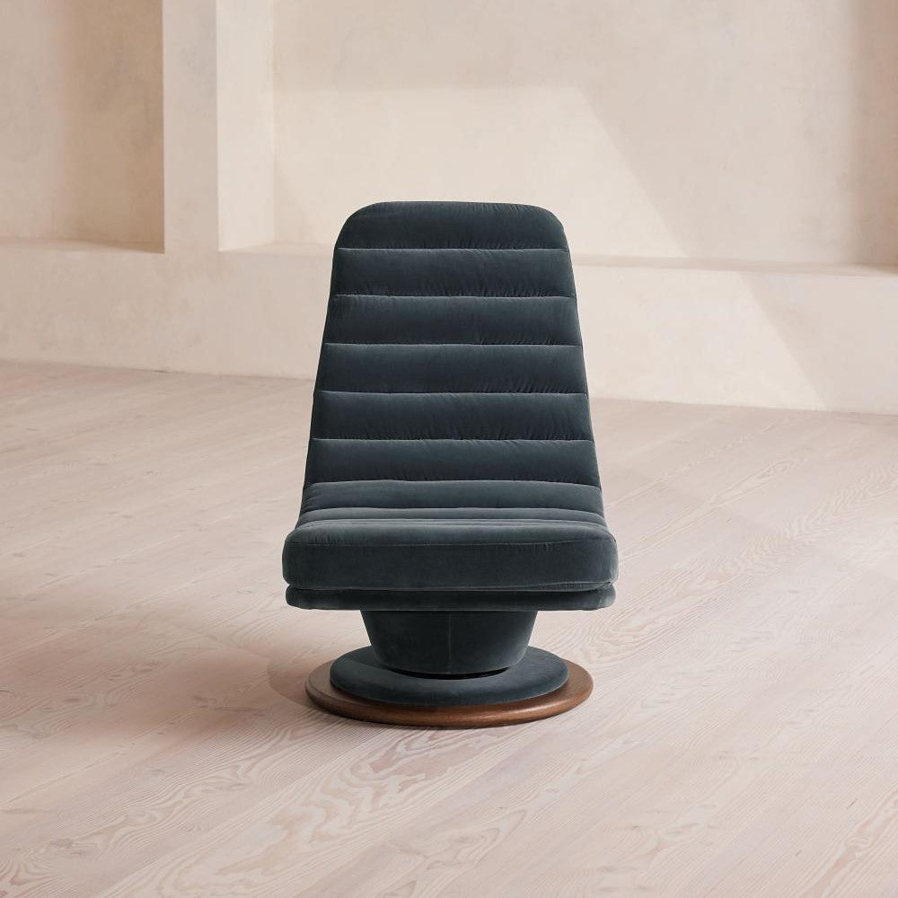 Blue Grey Velvet Channel Tufted Fully Upholstered Armless Pedestal Swi ...