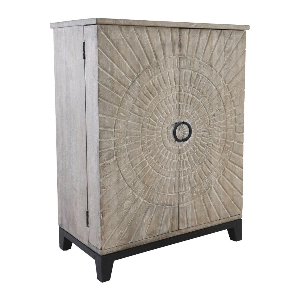 Boho Carved Starburst Distressed Solid Mango Wood Bar Cabinet with Win ...
