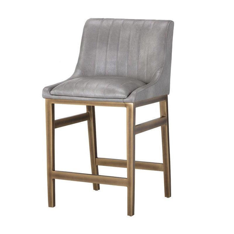 Bronze Metal & Grey Faux Leather Channel Tufted Counter Height Bar Sto ...