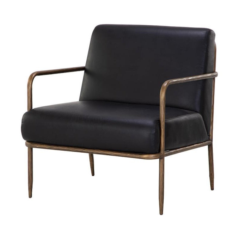 Charcoal Black Leather & Hammered Brass Iron Frame Lounge Chair Forged ...
