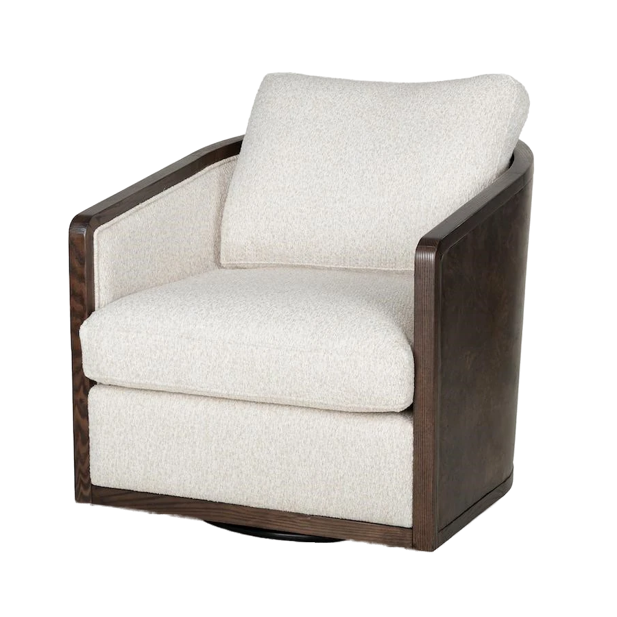Chocolate Brown Burl Wood & Neutral Performance Fabric Swivel Chair ...