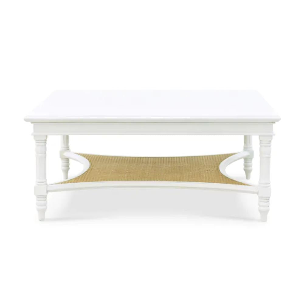 Coastal Beach White Square Coffee Table with Cane Accent Shelf 42 inch ...