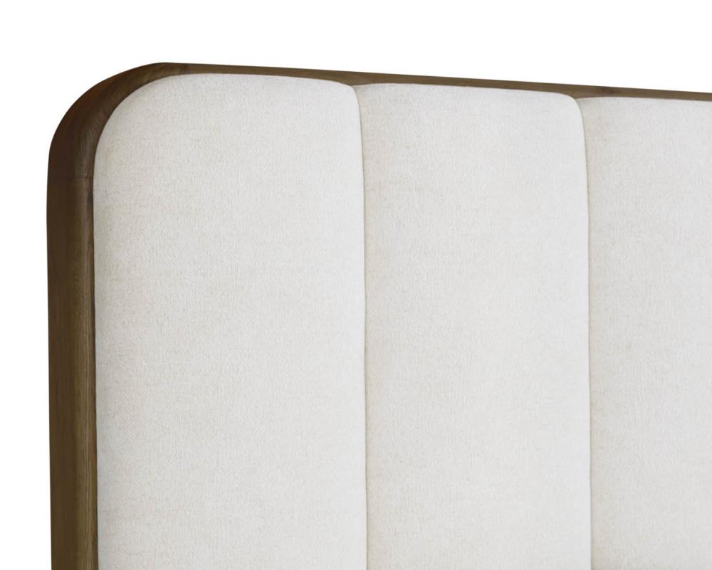 Curved Channel Tufted Upholstered White Fabric & Solid Oak Wood Queen ...