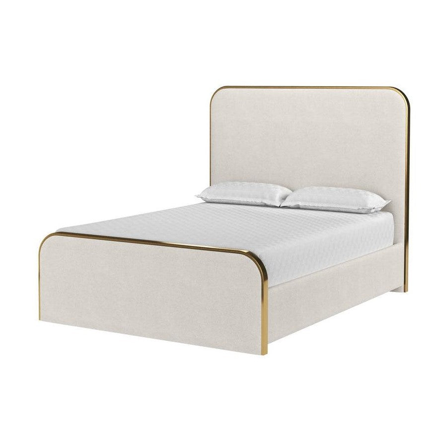Curved Upholstered Cream Fabric & Brushed Gold Metal Queen Bed Frame ...