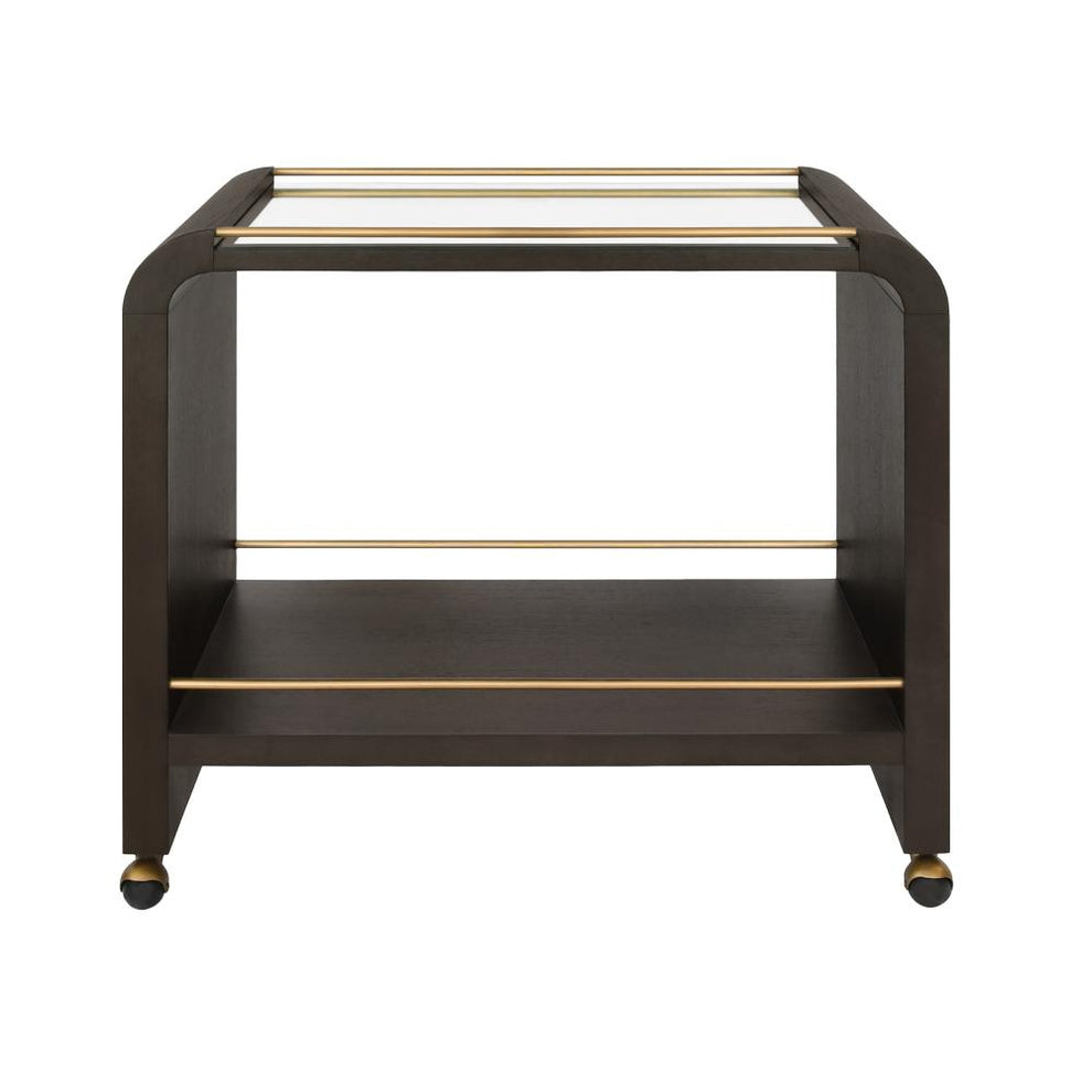 Dark Brown Oak Wood Glass Top Curved Bar Cart Server with Wheels ...