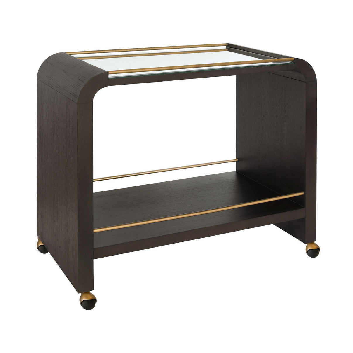 Dark Brown Oak Wood Glass Top Curved Bar Cart Server with Wheels ...