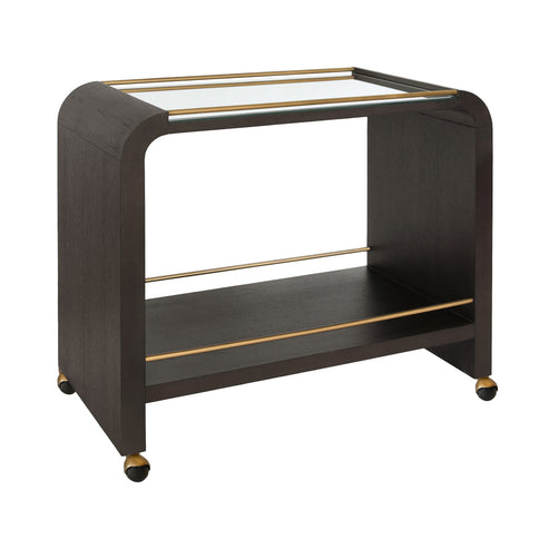 Dark Brown Oak Wood Glass Top Curved Bar Cart Server with Wheels ...