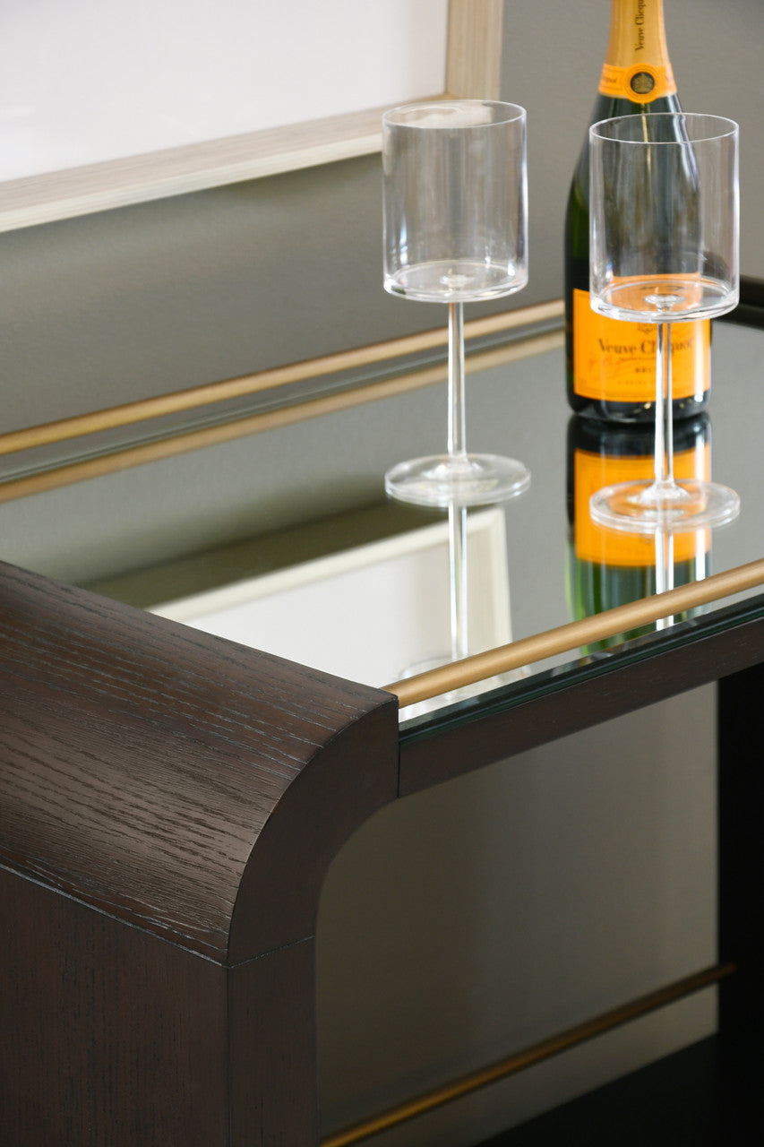 Dark Brown Oak Wood Glass Top Curved Bar Cart Server with Wheels ...