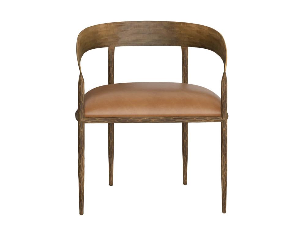 Forged Metal Curved Back Antique Brass & Tan Leather Armchair Dining C ...