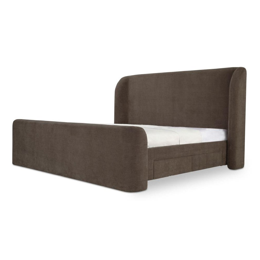 Fully Upholstered Brown Wingback Queen Bed Frame with Storage Drawers ...