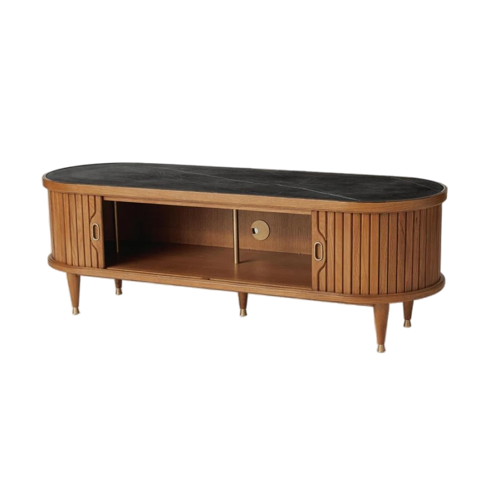 Low Profile Black Marble & Reeded Solid Oak Wood Rounded Media Console ...