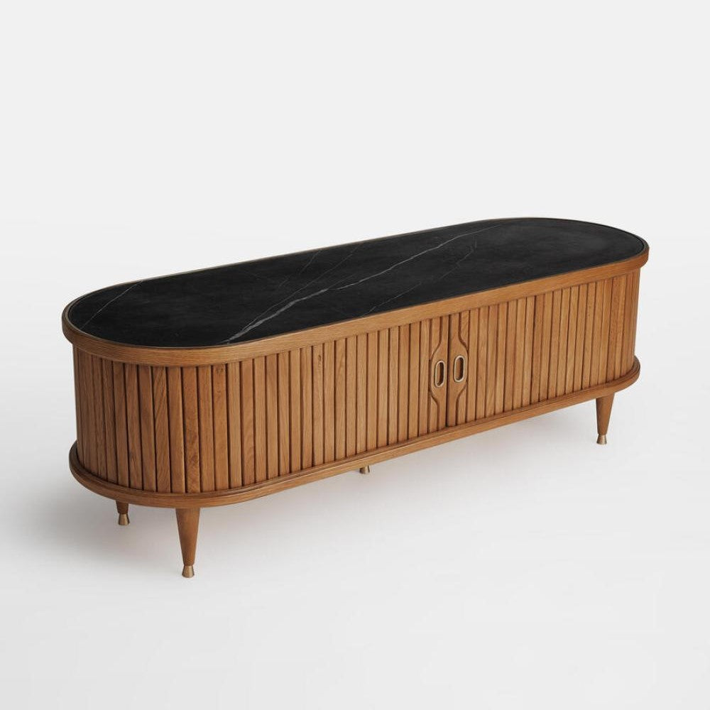 Low Profile Black Marble & Reeded Solid Oak Wood Rounded Media Console ...