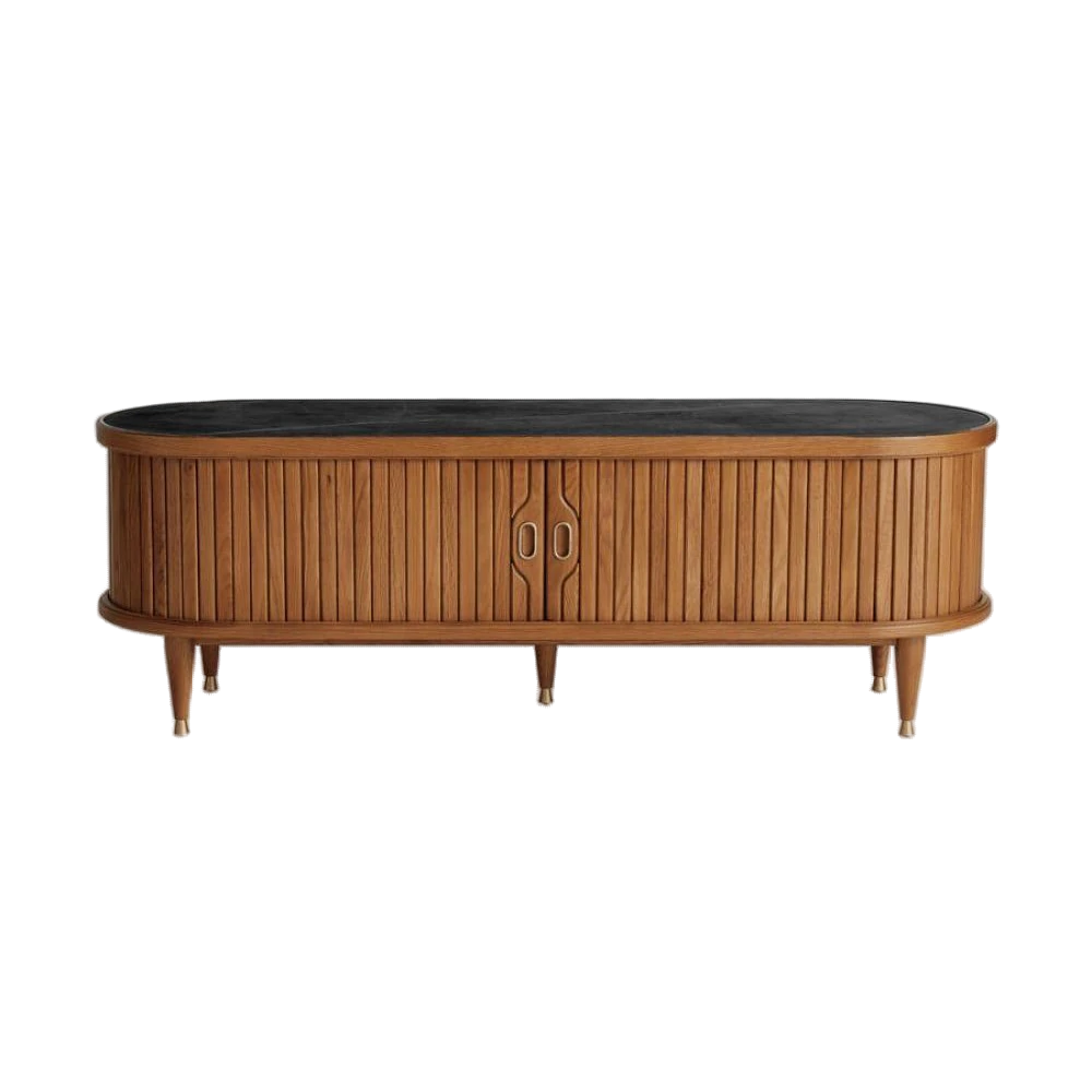Low Profile Black Marble & Reeded Solid Oak Wood Rounded Media Console ...