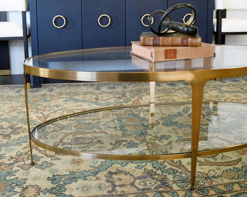 Modern Glam Two Tier Oval Coffee Table Antique Brass Metal Glass Top 4 ...