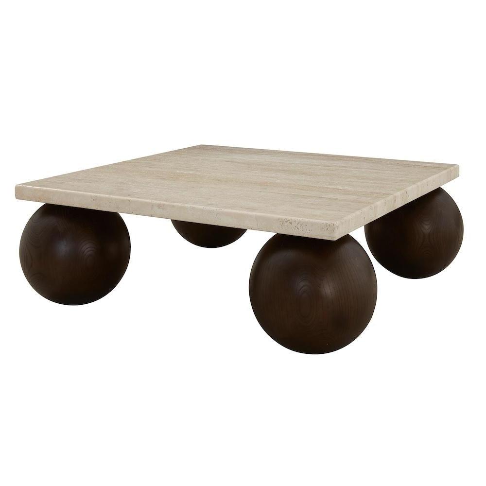Modern Travertine Stone Top & Dark Brown Wood Ball Feet Square Coffee ...
