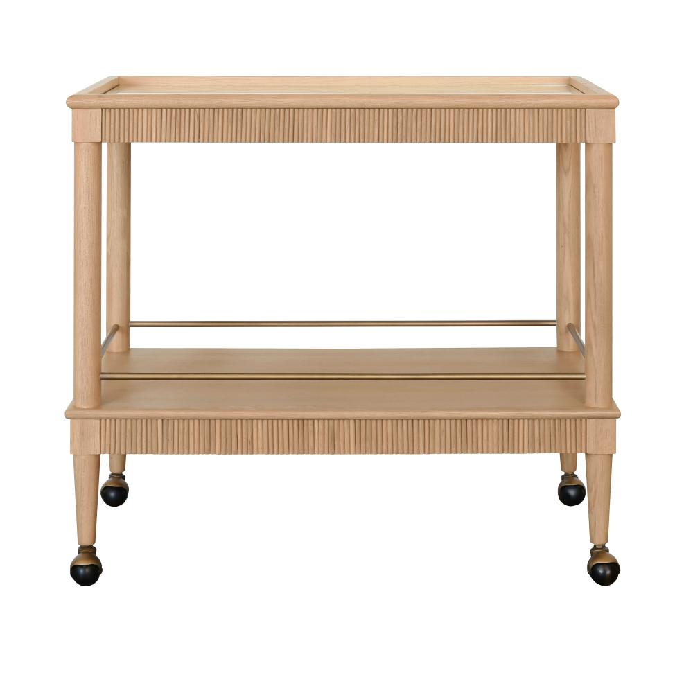 Natural Oak Wood Reeded Rectangle Glass Top Bar Cart Server with Wheel ...