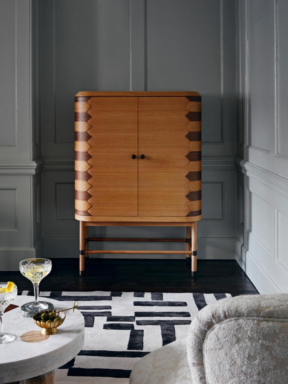 Natural Oak Wood & Walnut Inlay Bar Cabinet with Wine Storage 36 inch ...