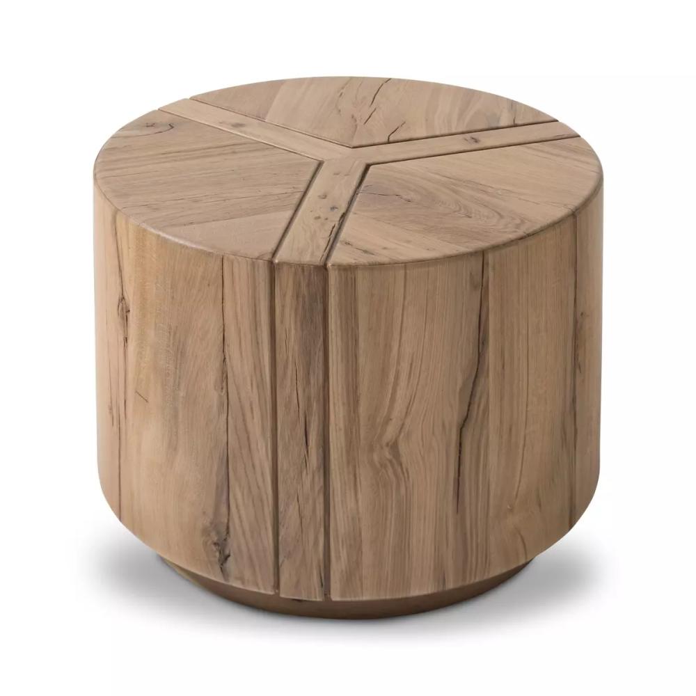 Natural Reclaimed French Oak Solid Wood Round Drum Side Table 26 inch ...