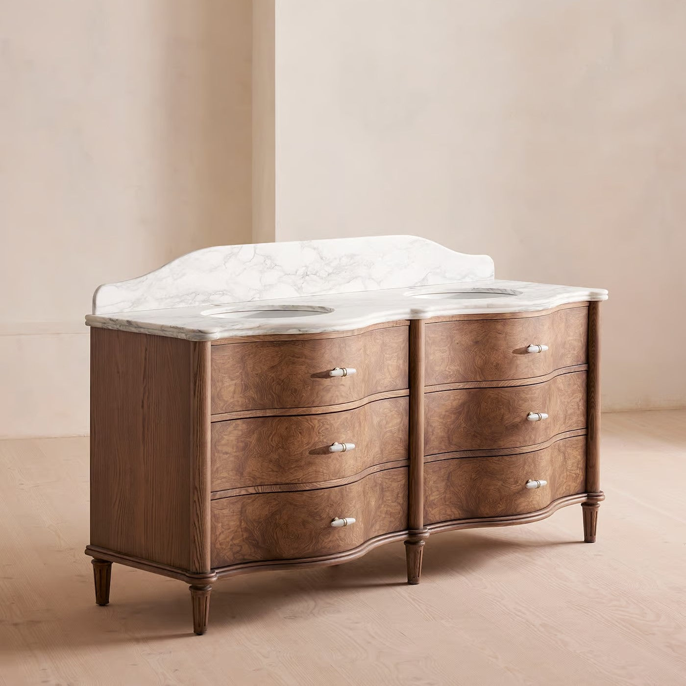 Parisian Style Marble Top Burl Wood Luxury Double Sink Bathroom Vanity ...