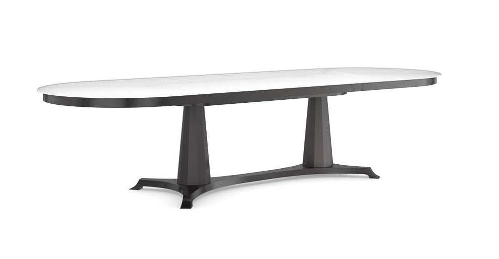 Polished Milk Glass Top Oval Extension Double Pedestal Dining Table Bl ...