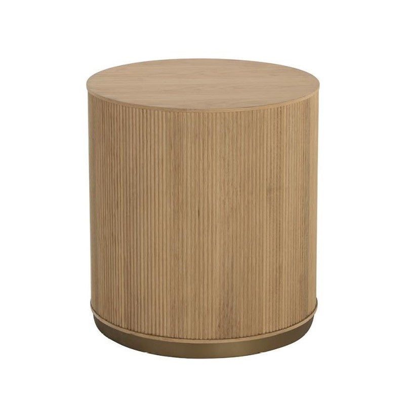 Reeded Light Oak Wood Round Column Table Gold Metal Plith Base 22 inch ...