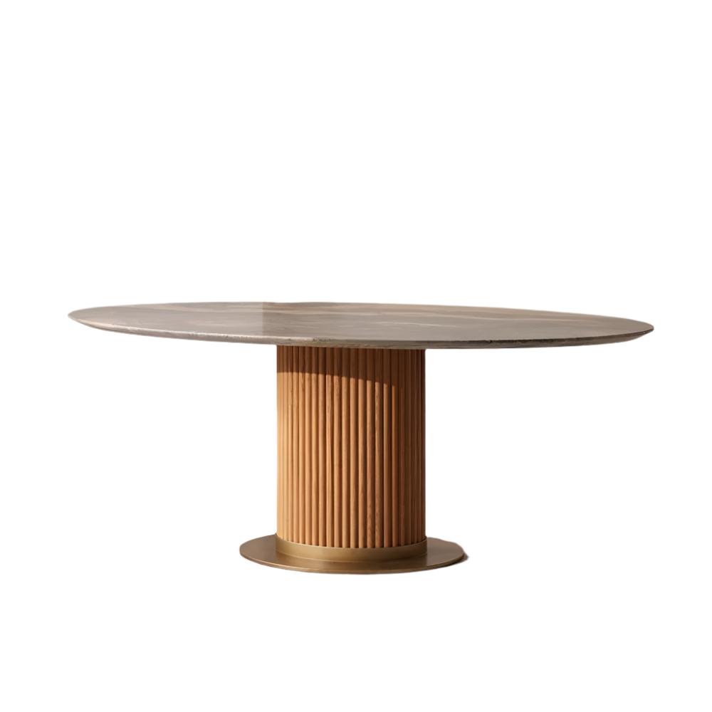 Reeded Oak Wood Pedestal Base Oval Dining Table with Brazilian Blue Qu ...