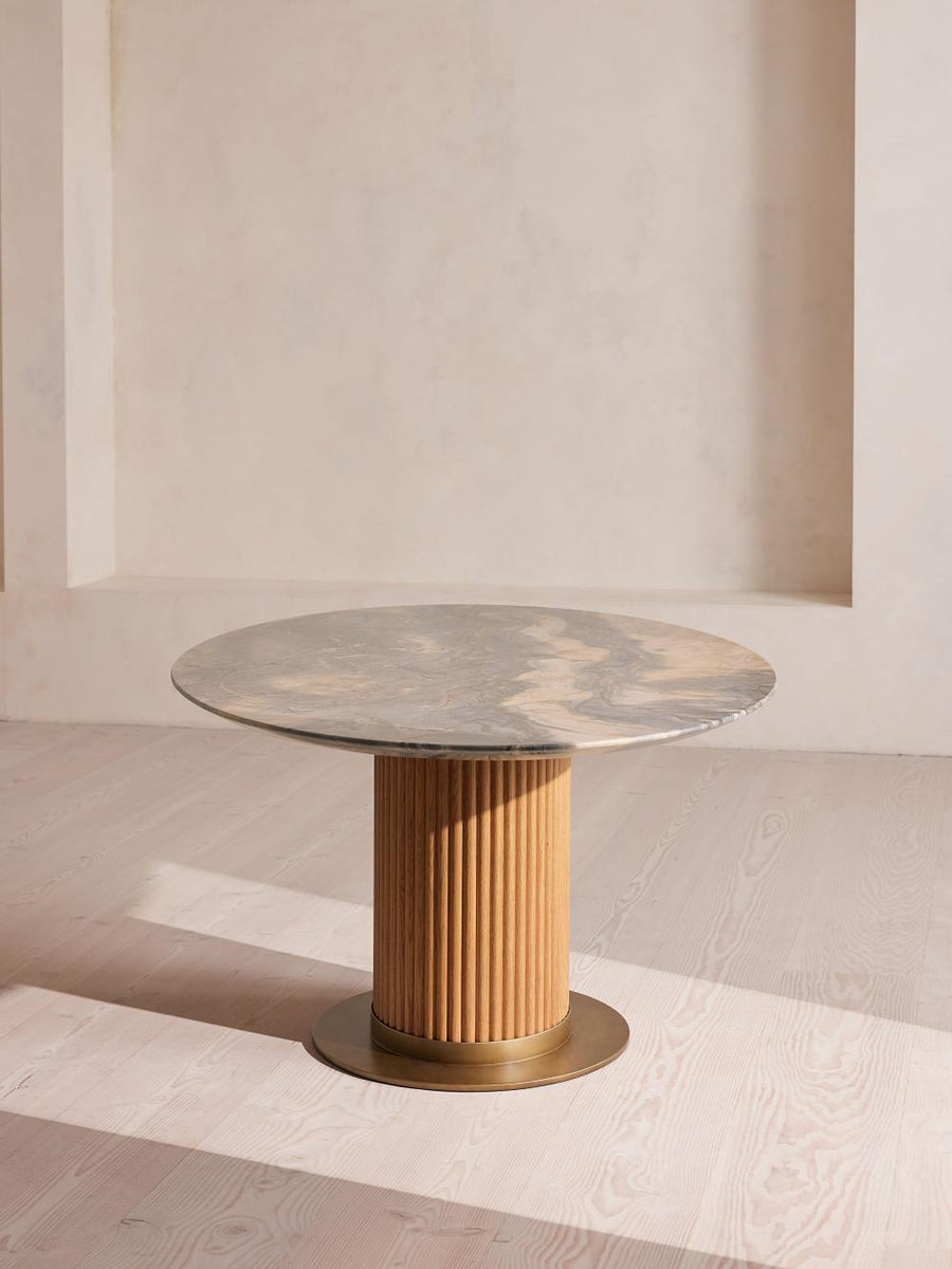 Reeded Oak Wood Pedestal Base Oval Dining Table with Brazilian Blue Qu ...
