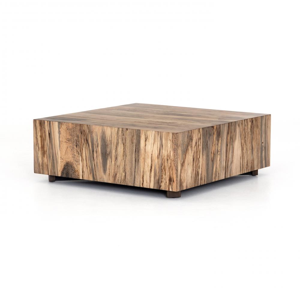 Square Block Coffee Table Spalted Primavera Wood Iron Base 40 inch ...
