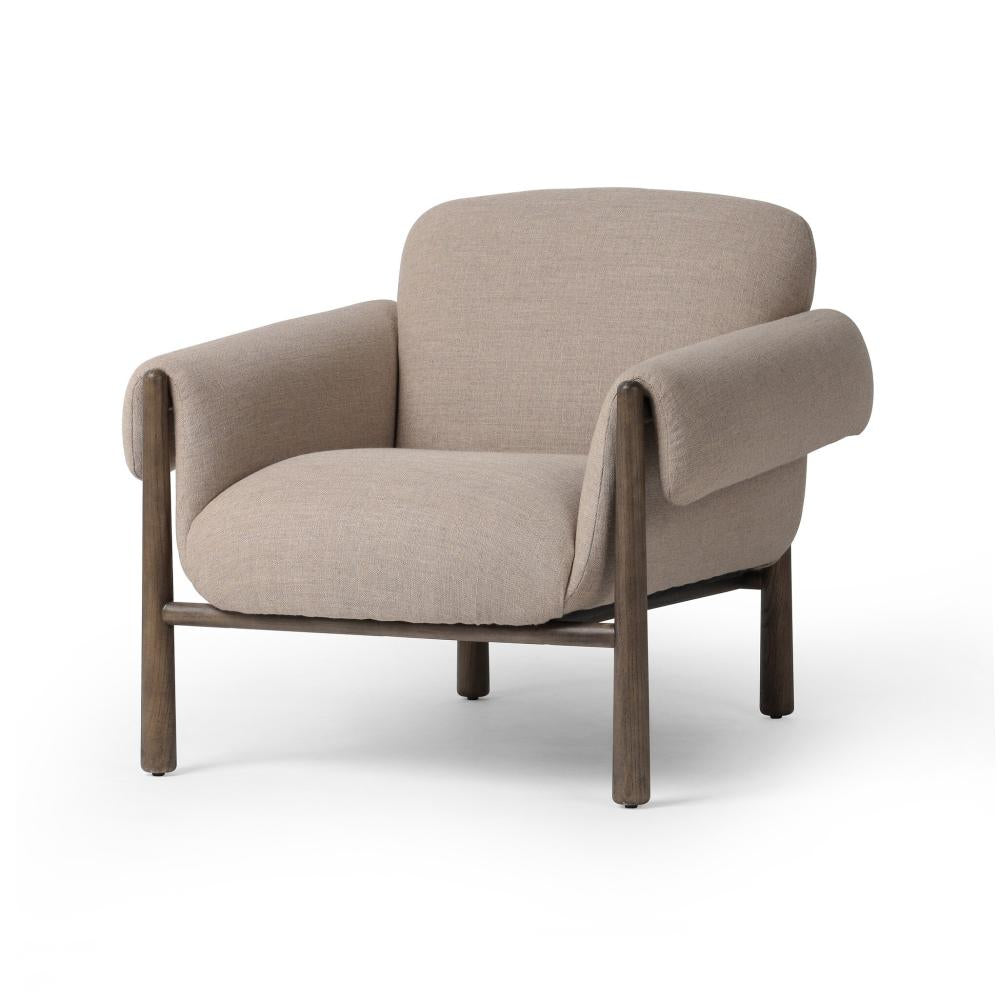 Taupe Fabric Cushion Wrapped Arms Lounge Chair Exposed Wood Frame Armc ...
