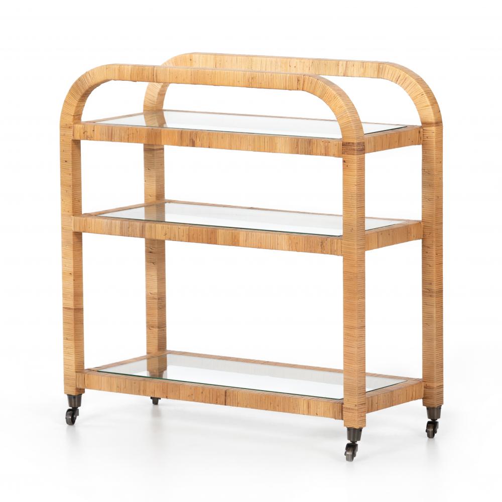 Three Tier Honey Rattan Curved Rectangle Bar Cart Server with Glass Sh ...