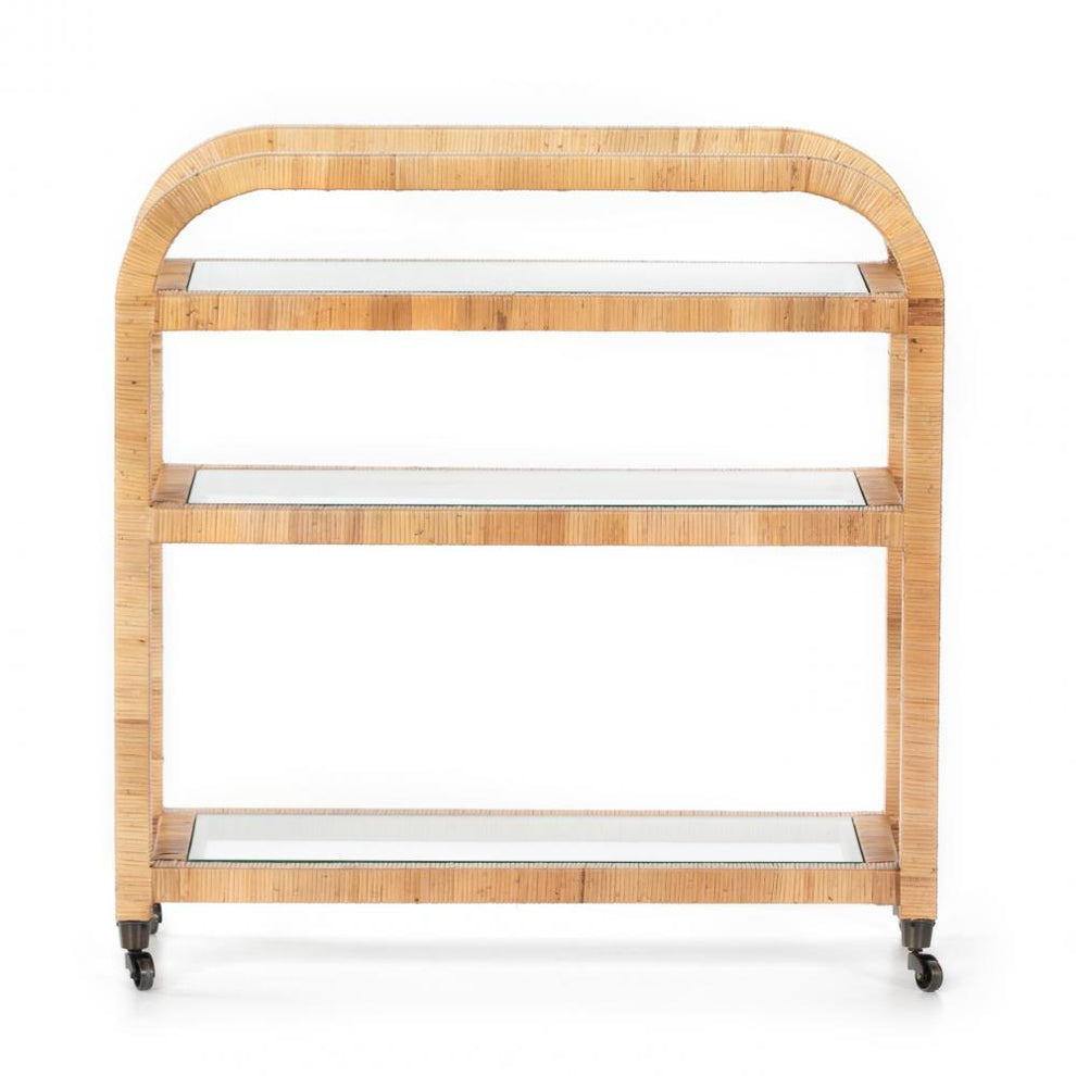 Three Tier Honey Rattan Curved Rectangle Bar Cart Server with Glass Sh ...