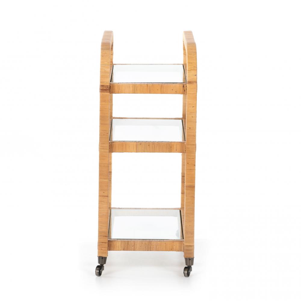 Three Tier Honey Rattan Curved Rectangle Bar Cart Server with Glass Sh ...